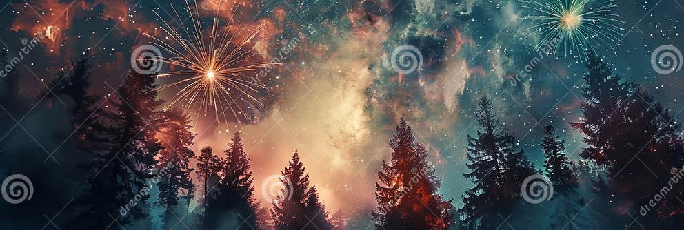 Fireworks Over a Forest at Night a Stunning Panorama of a Forest at ...