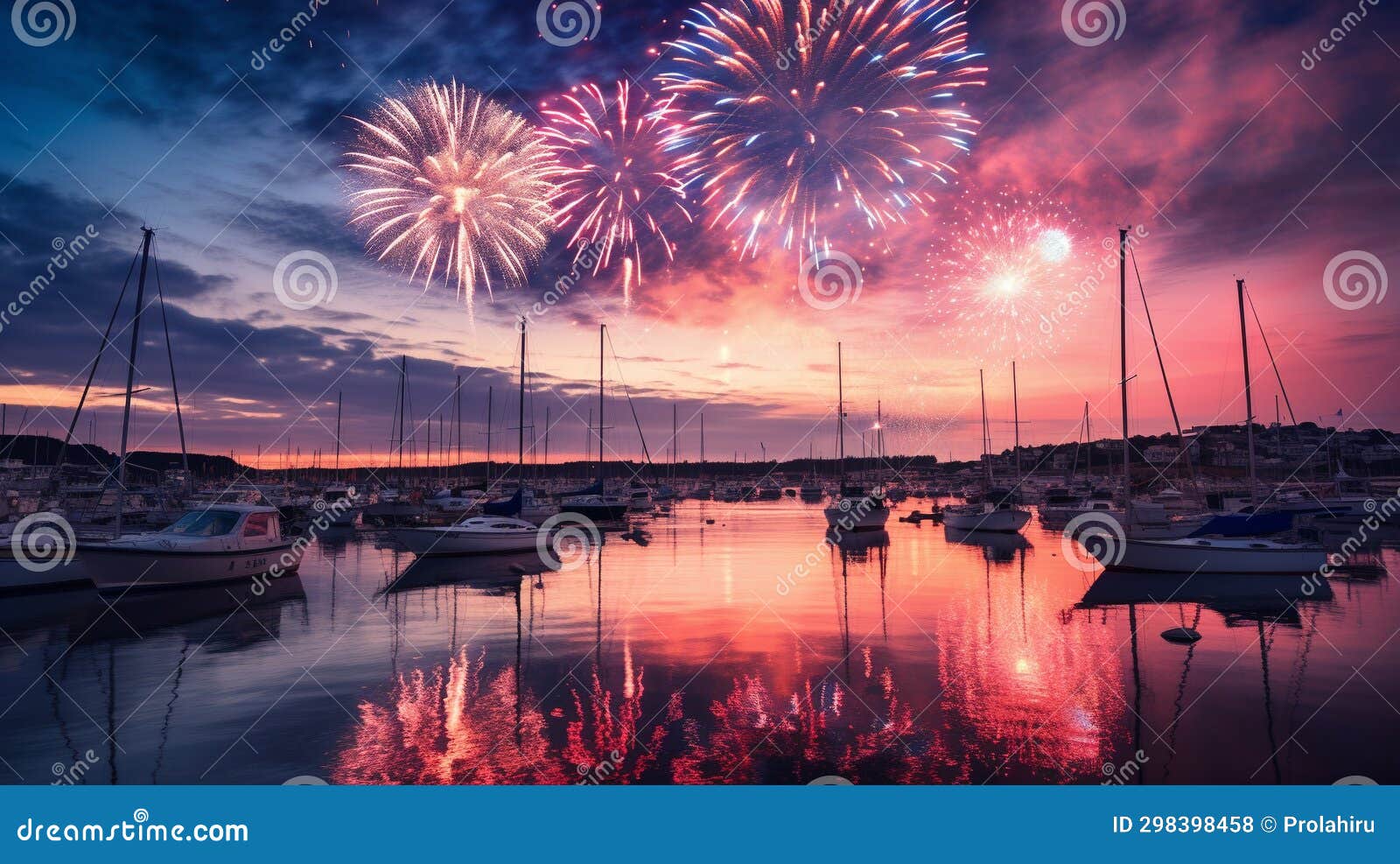 Fireworks Over the Harbor stock photo. Image of water - 298398458