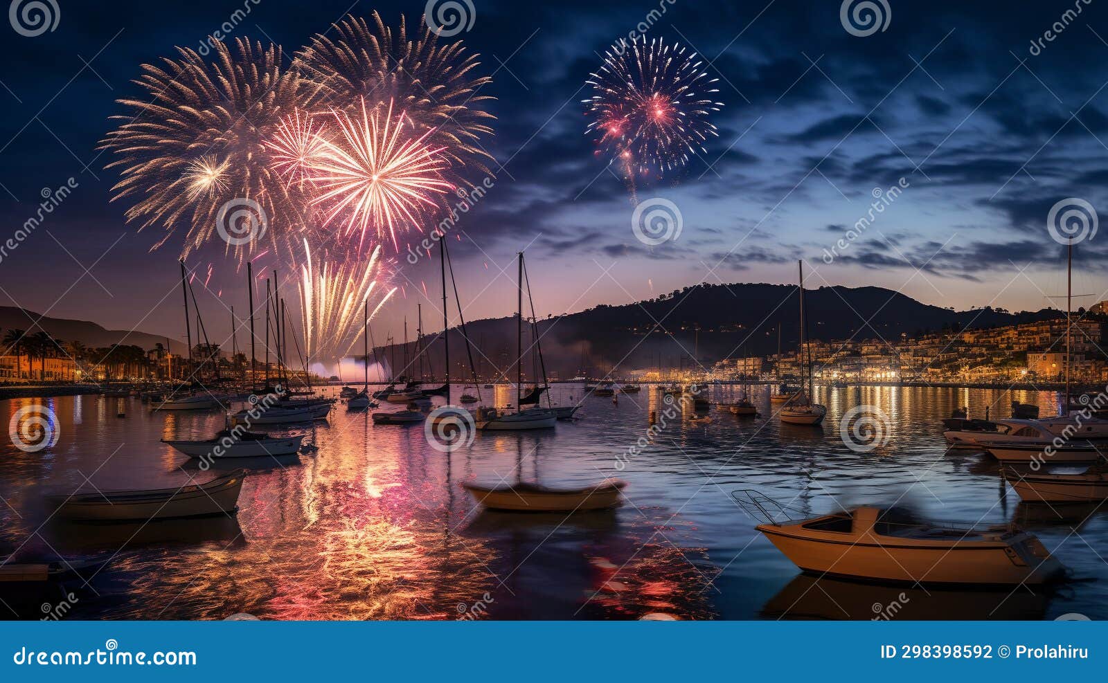 Fireworks Over the Harbor stock photo. Image of reflections - 298398592