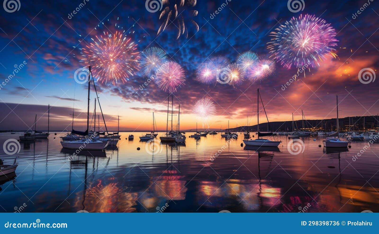 Fireworks Over the Harbor stock photo. Image of reflections - 298398736