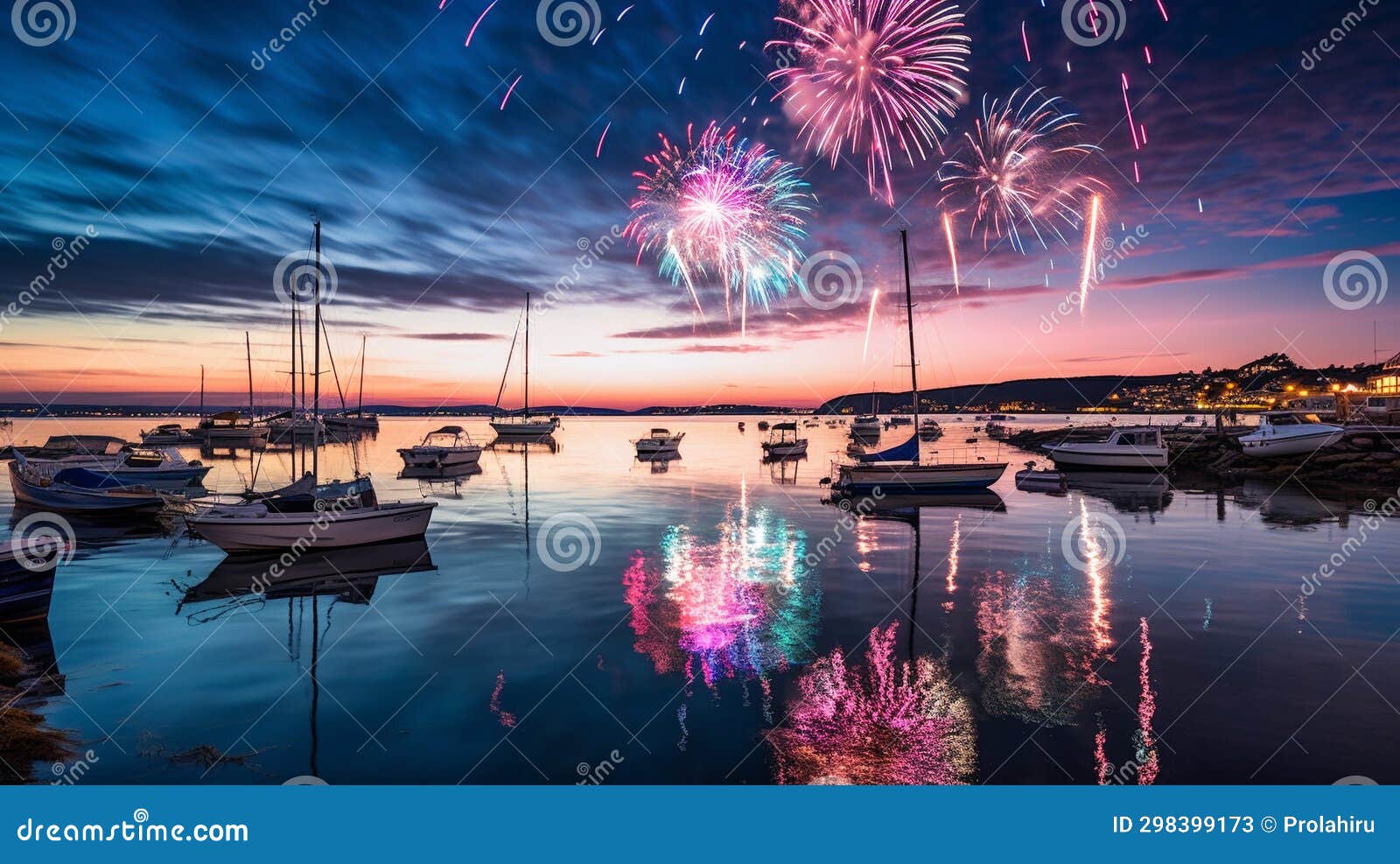 Fireworks Over the Harbor stock image. Image of water - 298399173