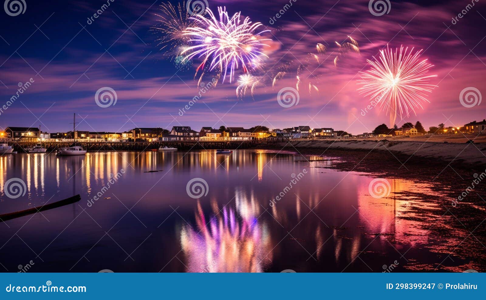 Fireworks Over the Harbor stock image. Image of coastal - 298399247