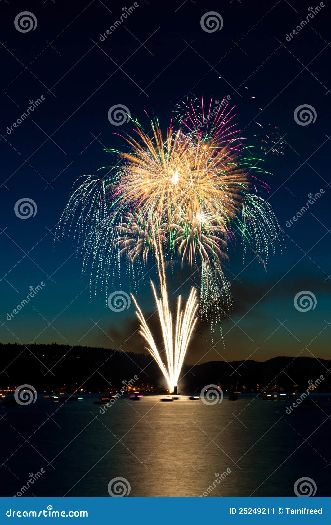 Fireworks over Lake stock image. Image of green, mountains - 25249211
