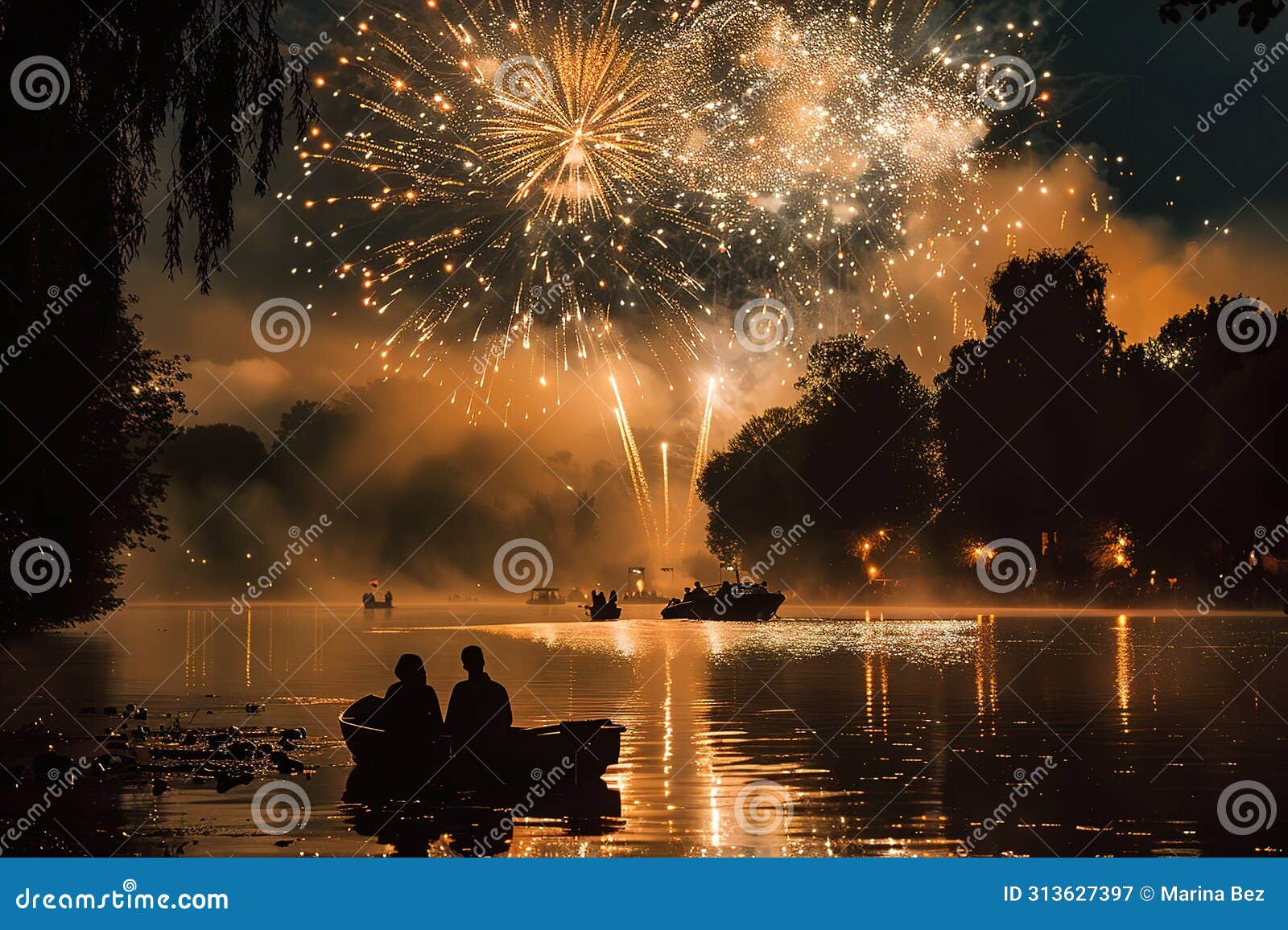 Fireworks Over a Lake with Silhouettes of People in a Boat Stock Image ...