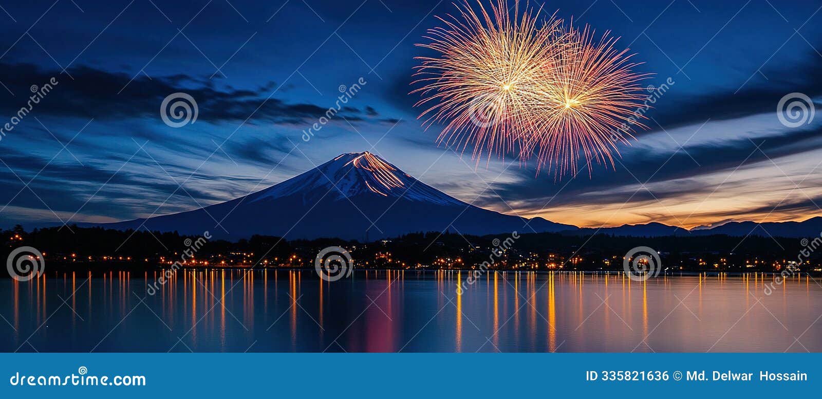 Fireworks Over Mount Fuji at Night Stock Photo - Image of evening ...