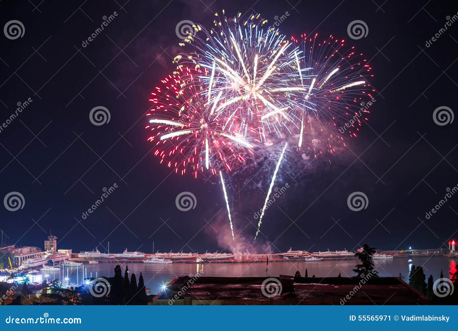 Fireworks Over the Night a Beautiful City Stock Image - Image of city ...