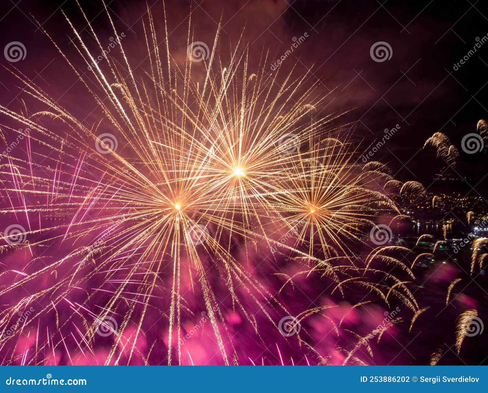 Fireworks Over the City Aerial View Stock Photo - Image of display ...