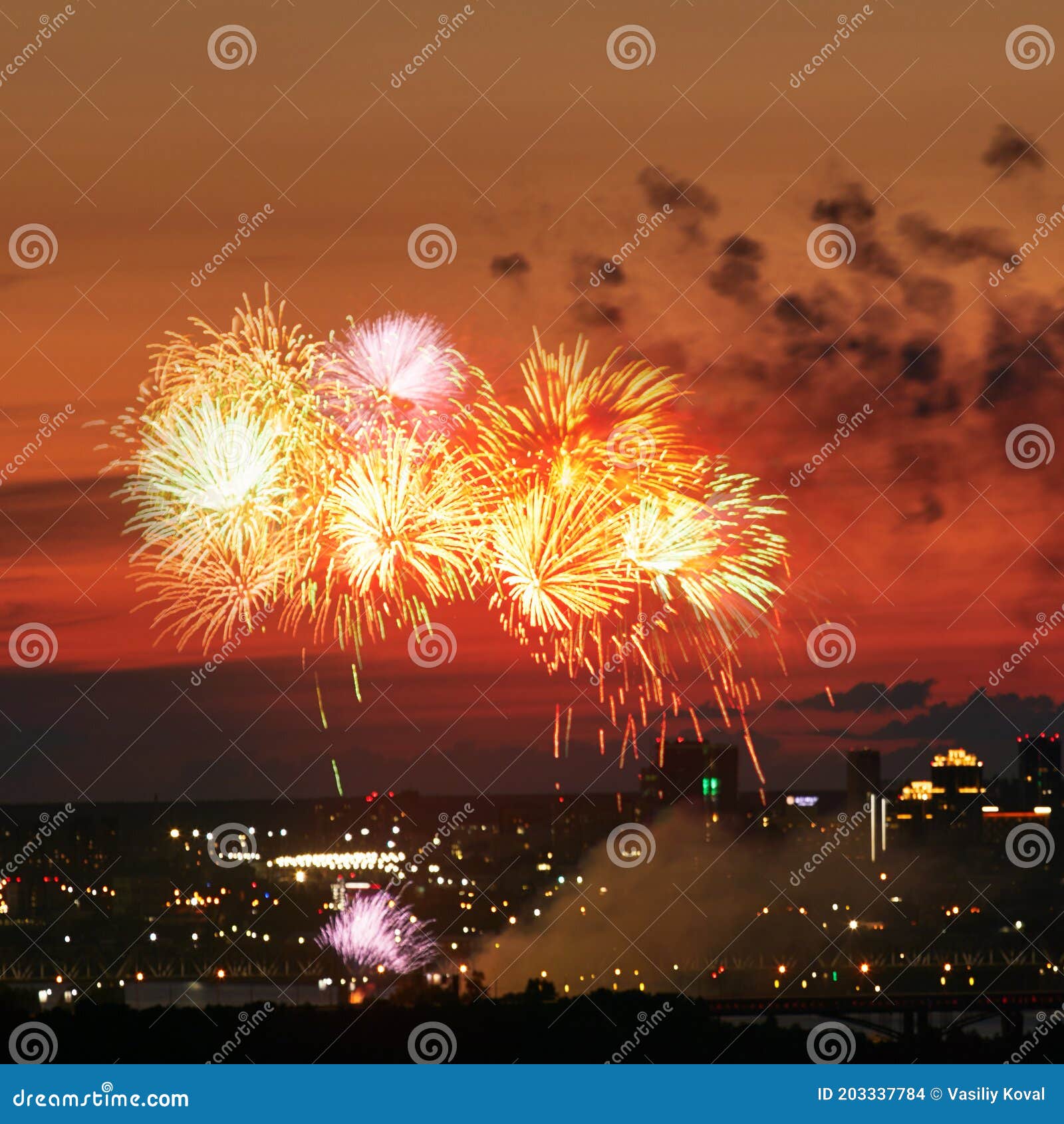 Fireworks over night city stock photo. Image of firework - 203337784