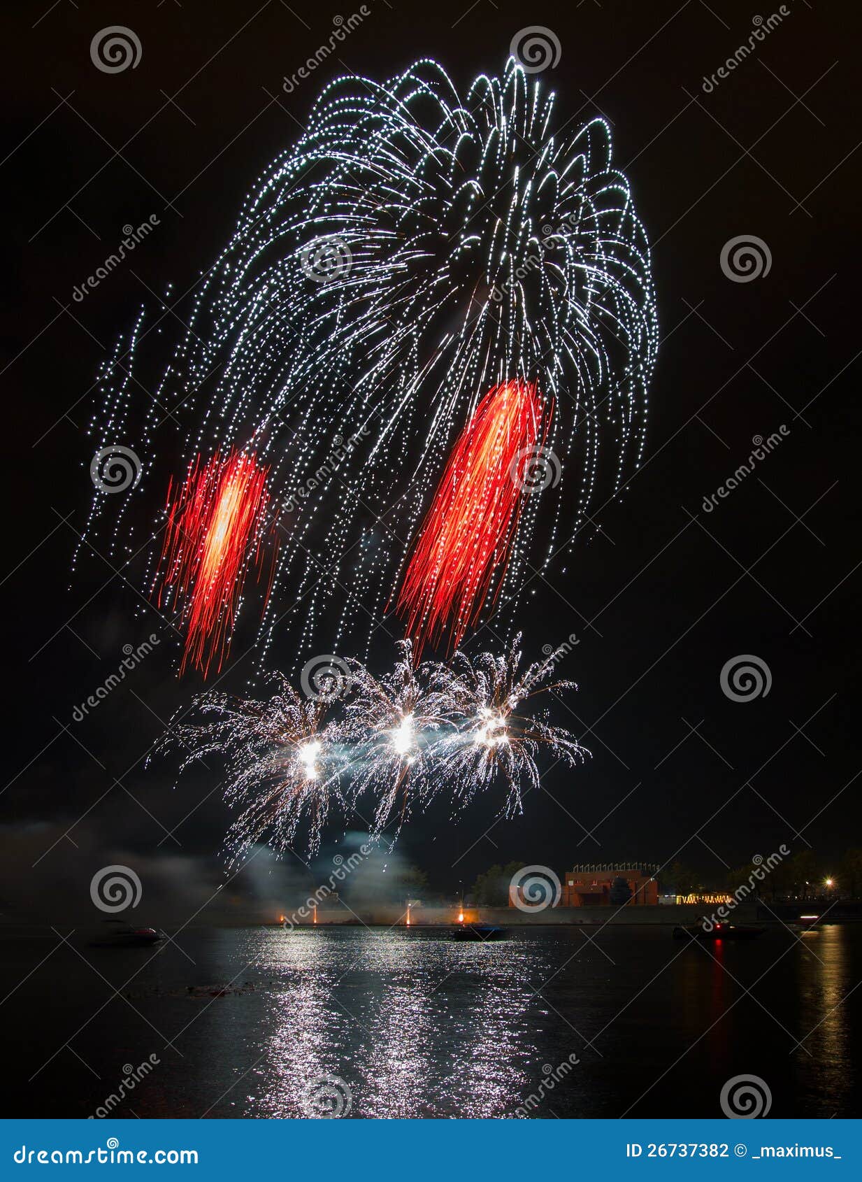 Fireworks over river stock photo. Image of independence - 26737382