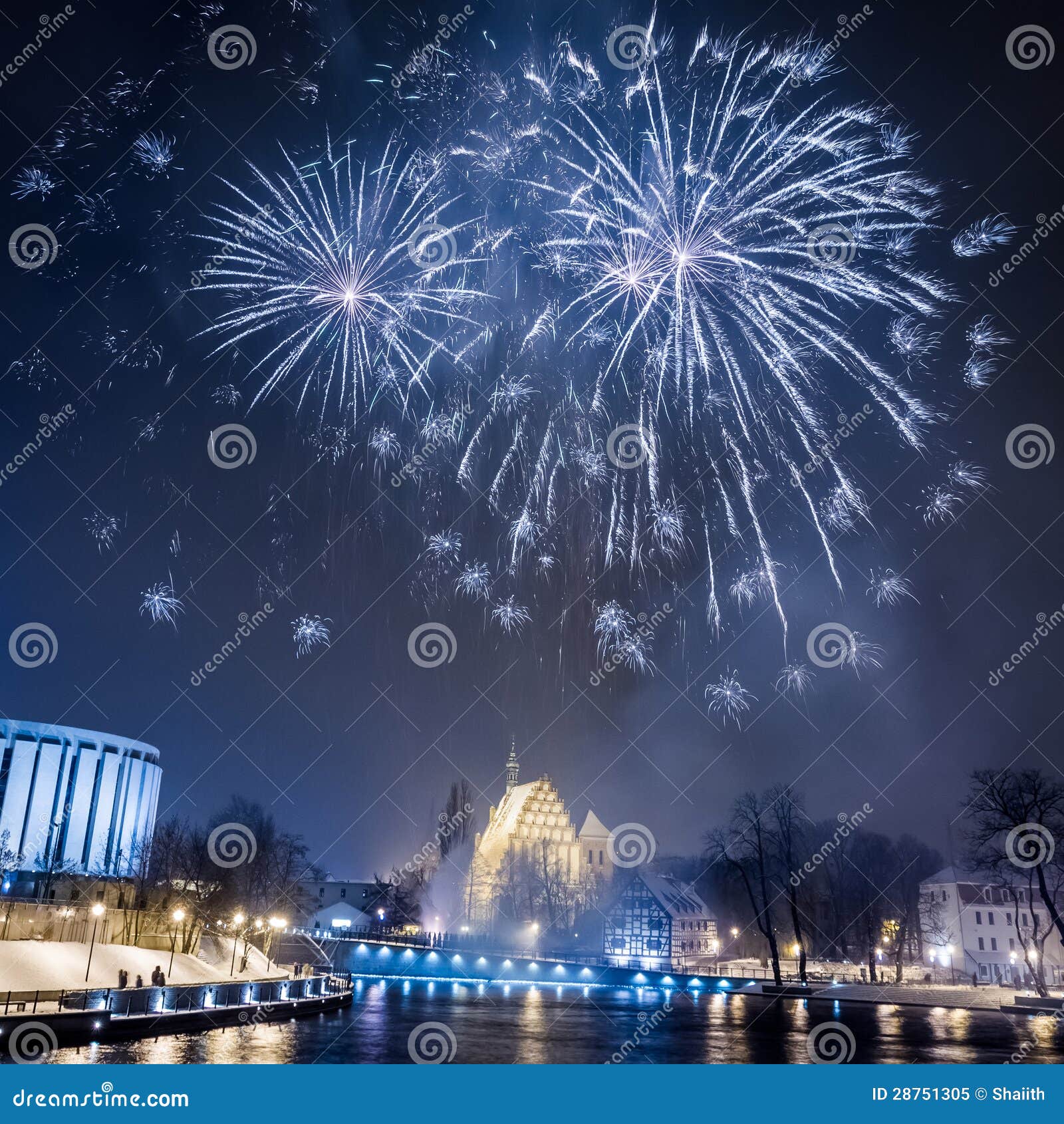 Fireworks over the river stock image. Image of ideas - 28751305