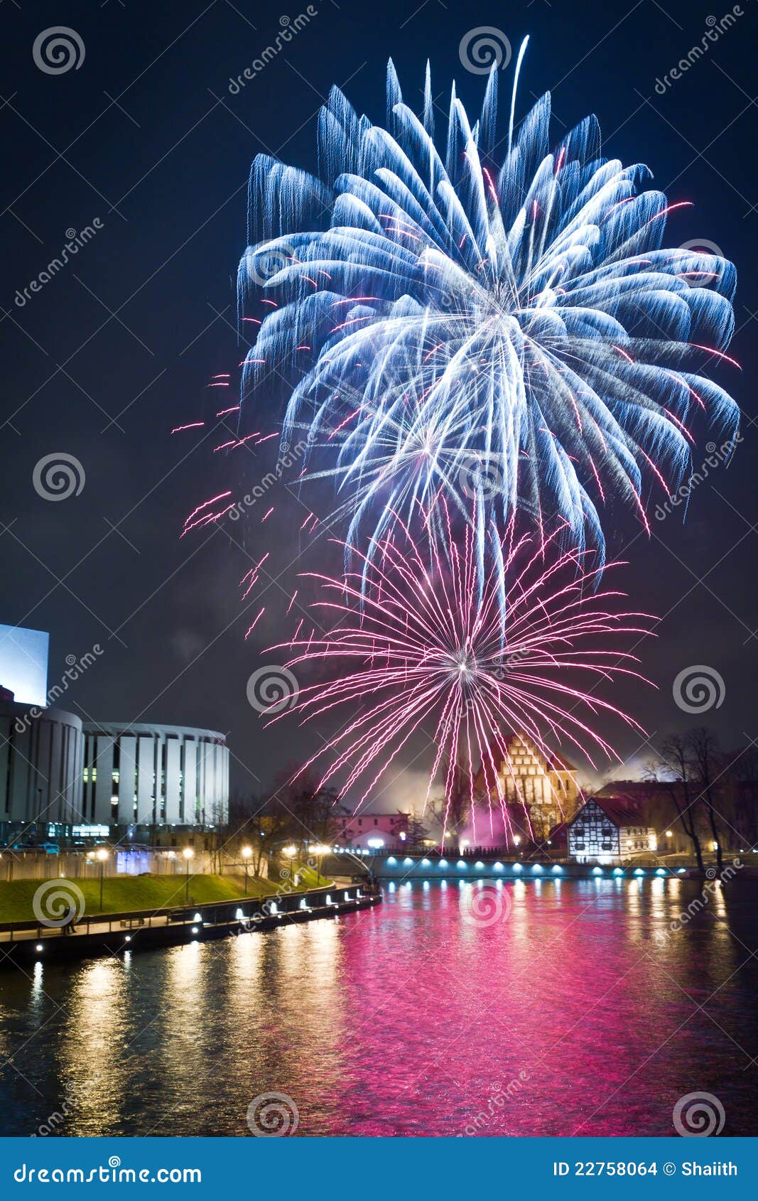 Fireworks Over the River in the City Stock Photo - Image of river ...