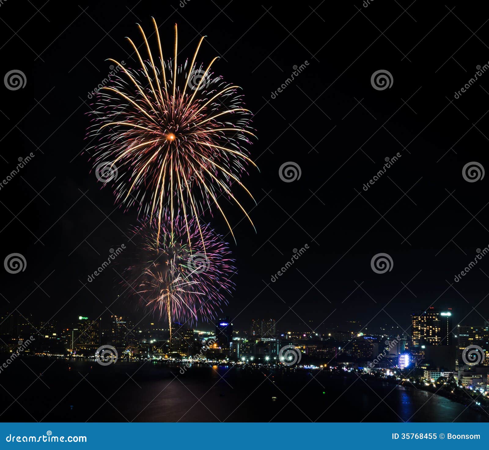 Fireworks over the sea stock image. Image of black, light - 35768455