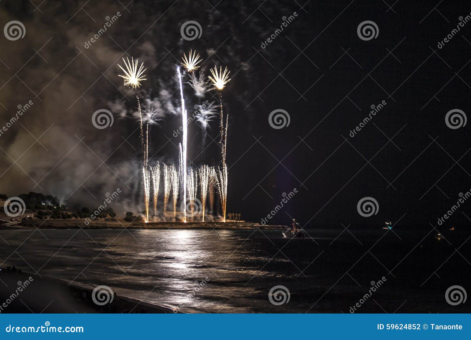 Fireworks over sea stock photo. Image of firecracker - 59624852