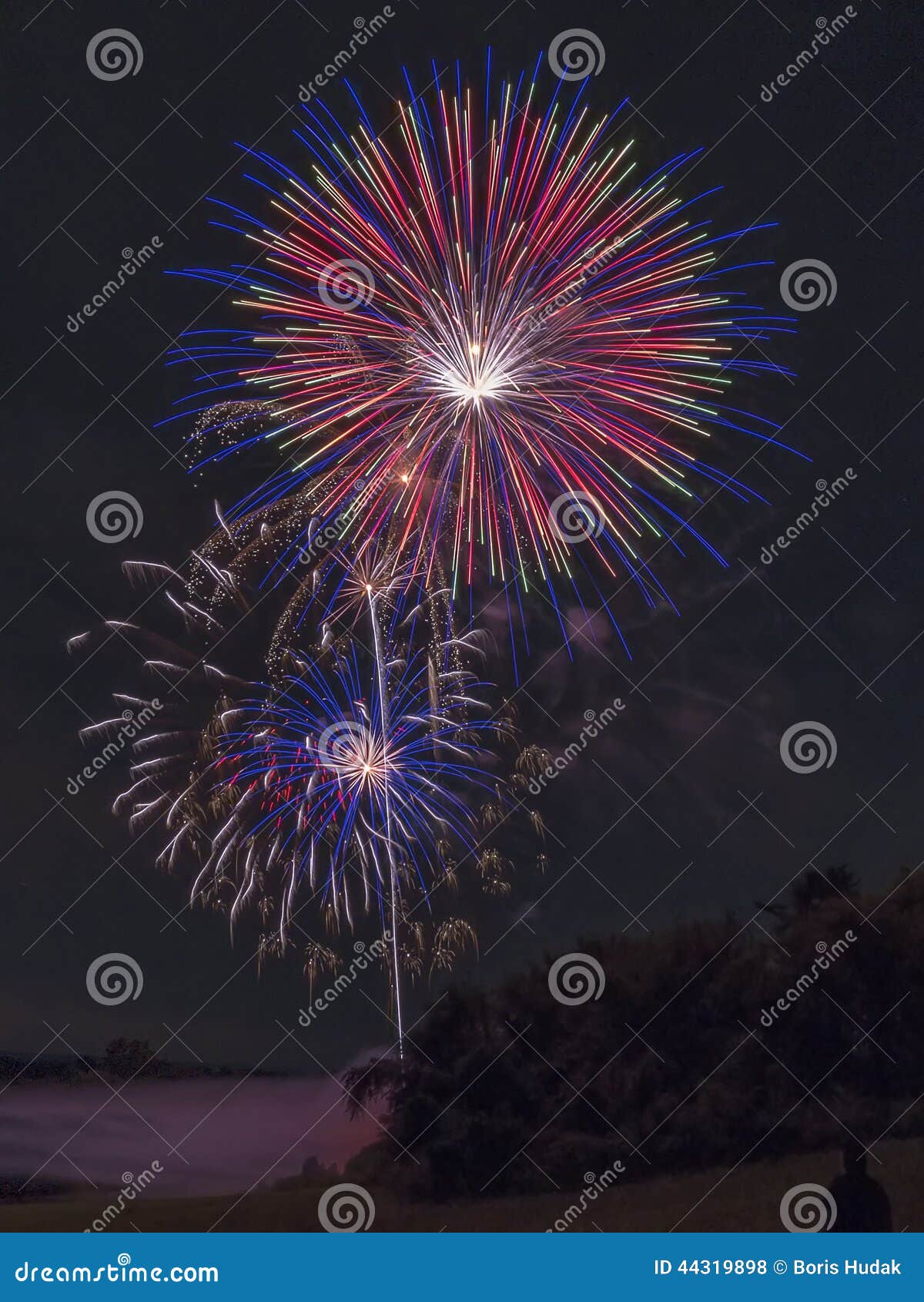 Fireworks over tree line stock photo. Image of event - 44319898