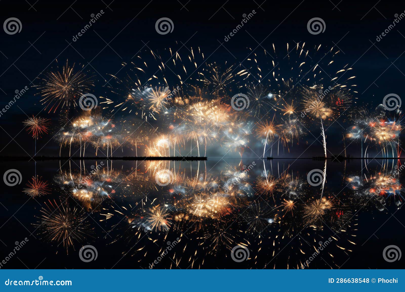 Fireworks Over Water with Cityscape Reflection Stock Illustration ...
