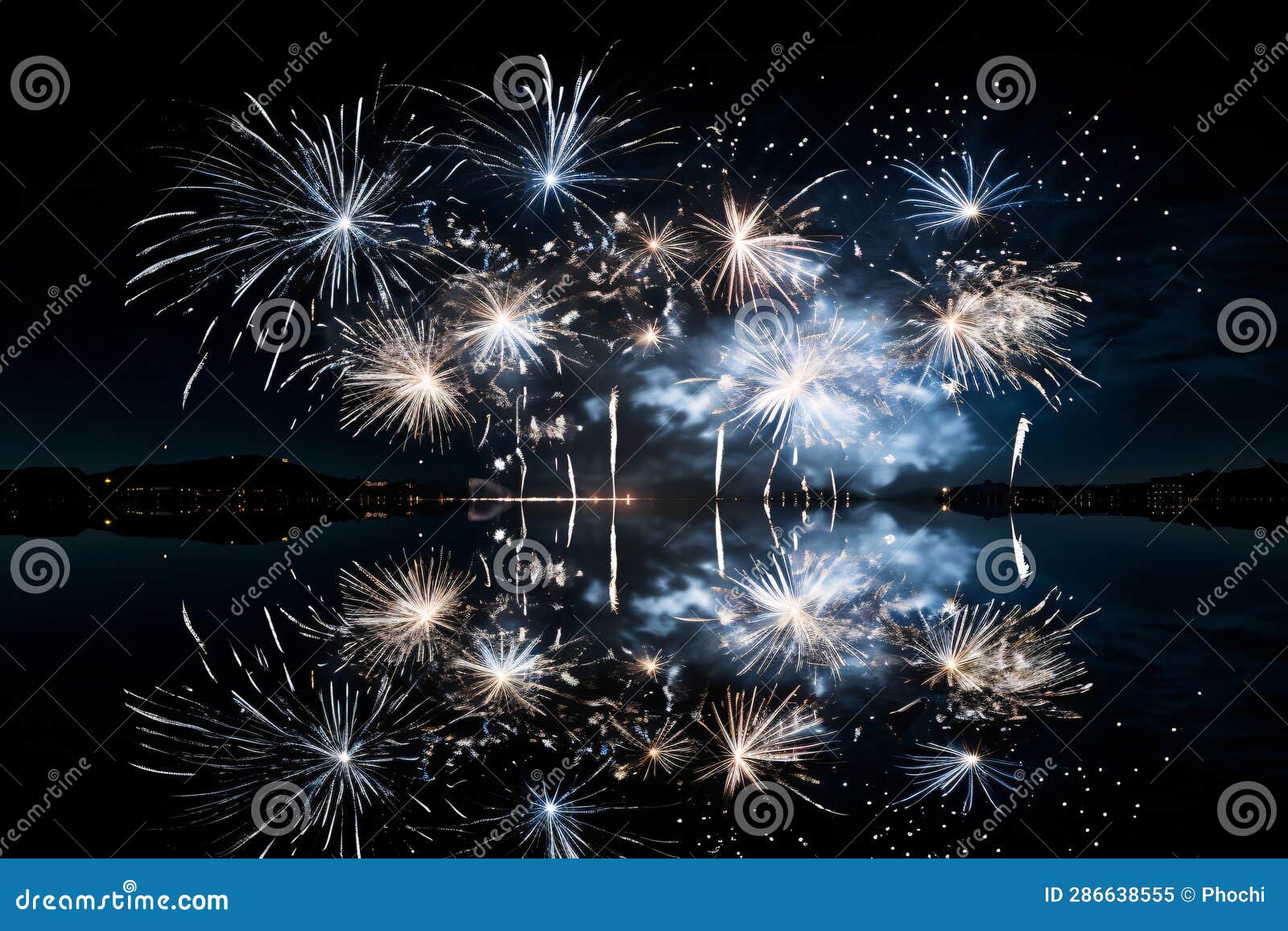 Fireworks Over Water with Cityscape Reflection Stock Illustration ...
