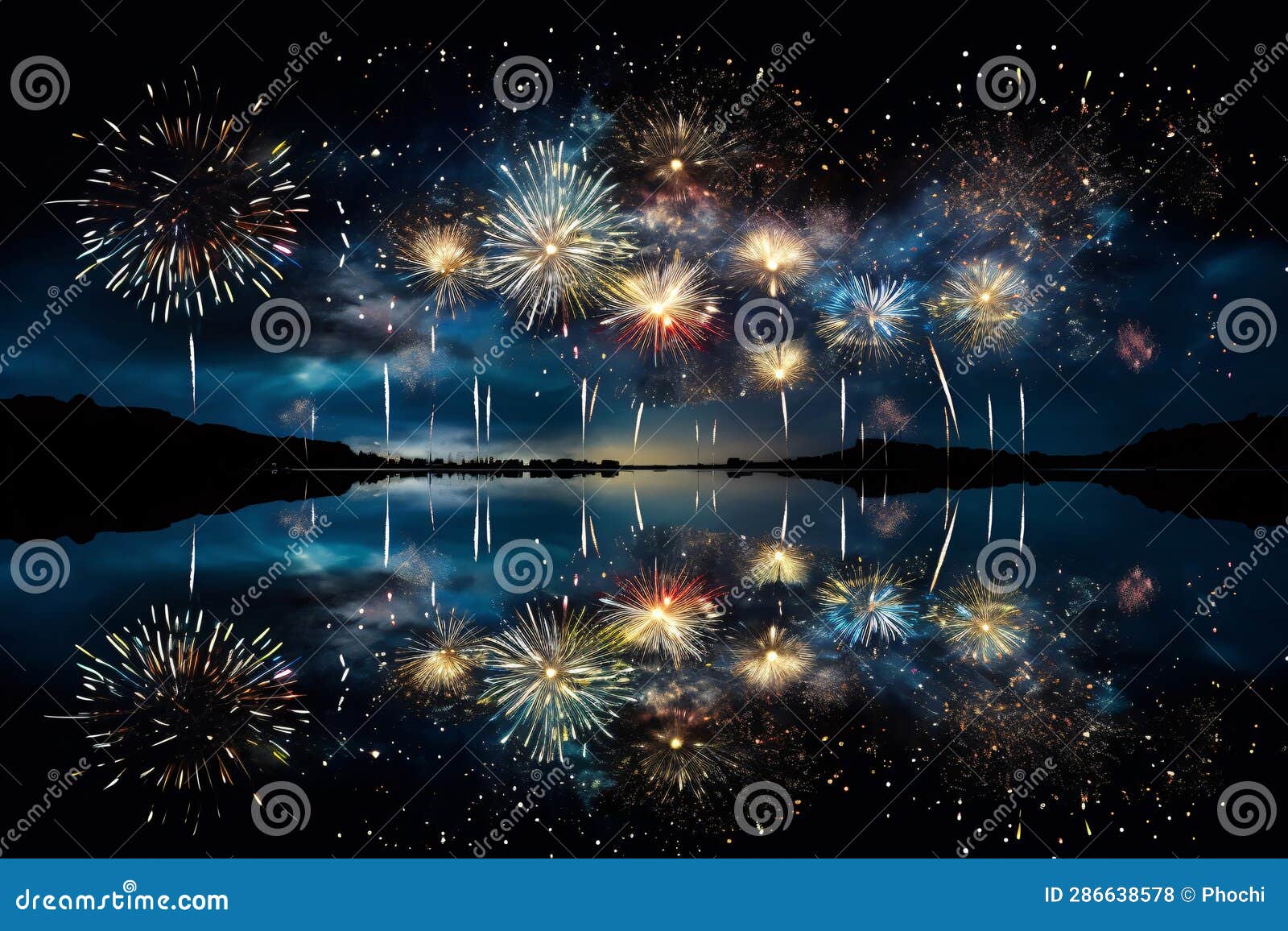 Fireworks Over Water with Cityscape Reflection Stock Illustration ...