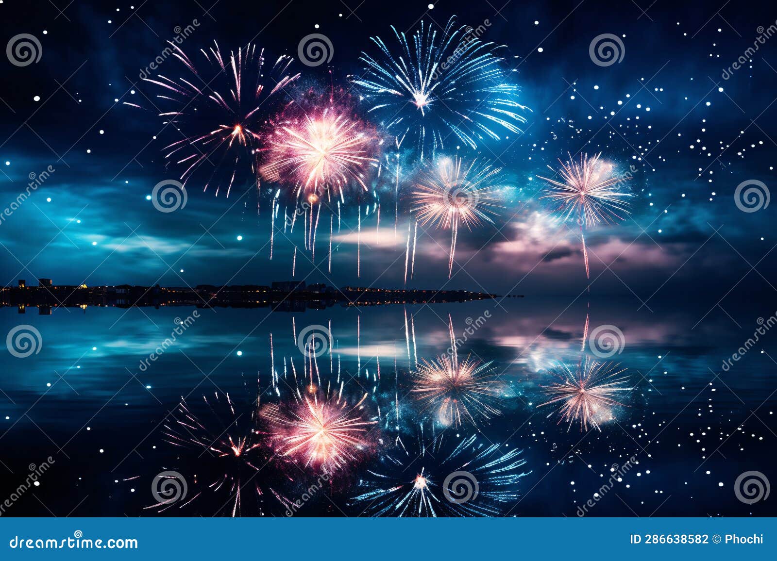 Fireworks Over Water with Cityscape Reflection Stock Illustration ...