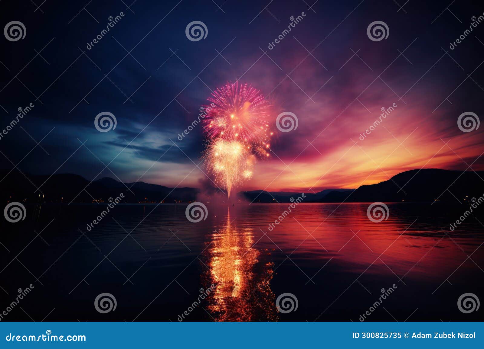 Fireworks Over Water at Night Stock Illustration - Illustration of ...