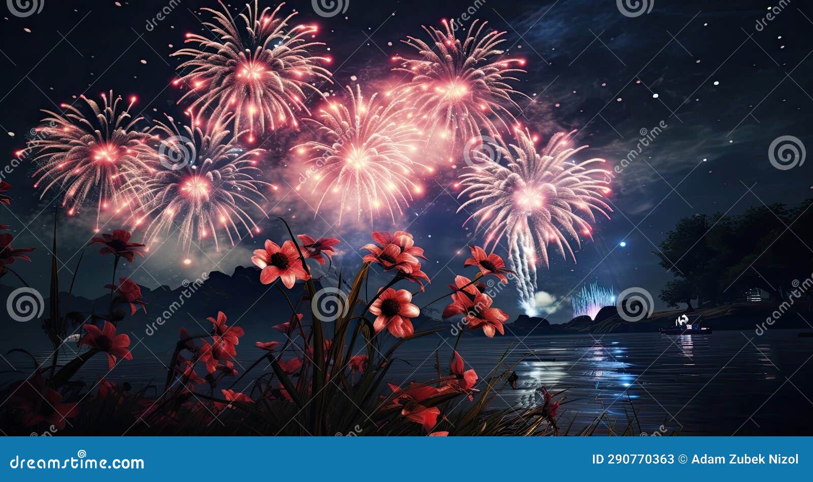 Fireworks Over Water at Night Stock Illustration - Illustration of ...