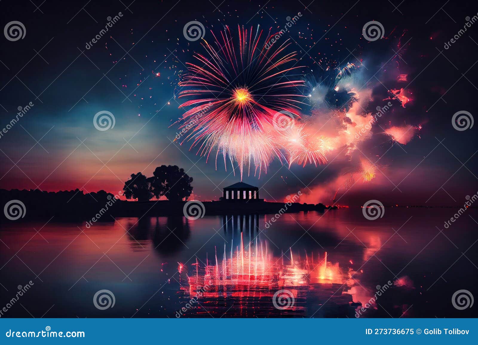 Fireworks Over the Water at Night with a Pagoda. Generative AI Stock ...