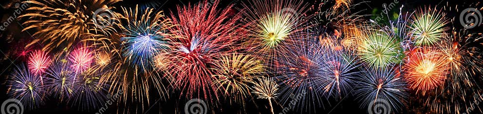 Fireworks in Panoramic View Stock Image - Image of night, fireworks ...