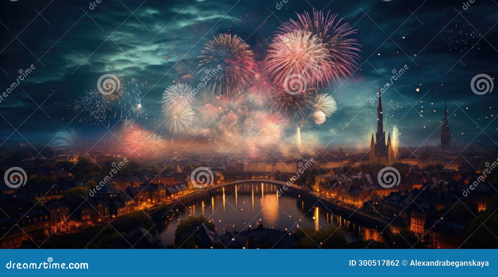 Fireworks in Panoramic View Stock Illustration - Illustration of event ...