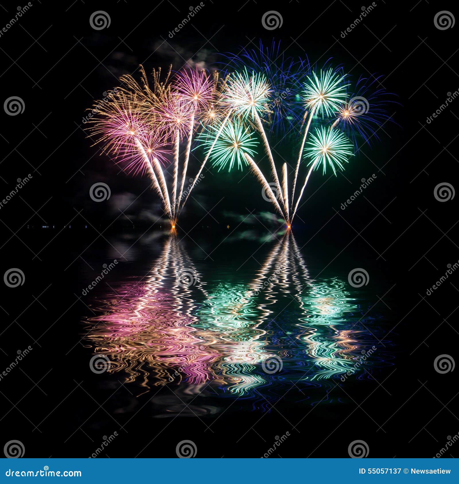 Fireworks Reflect Water for Festival Stock Image - Image of evening ...