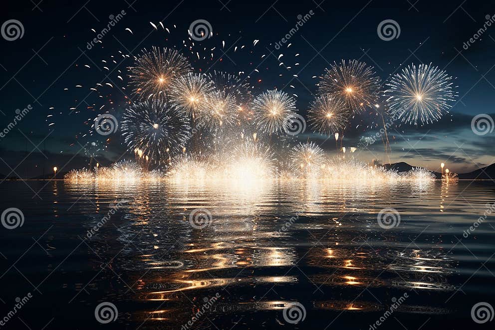 Fireworks Reflected on the Water Surface Stock Illustration ...