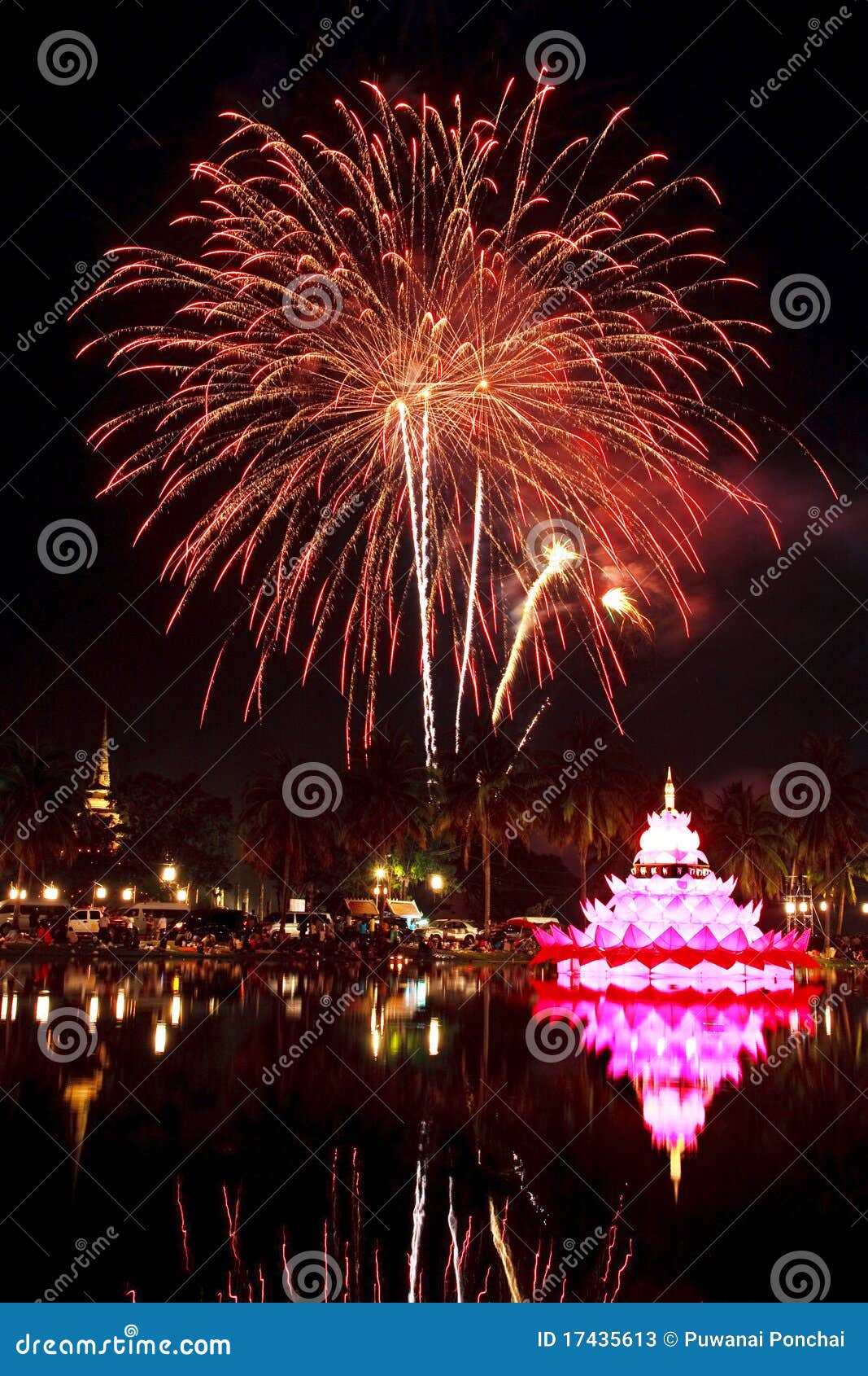 Fireworks with Reflections and Loykrathong Stock Image - Image of lamp ...