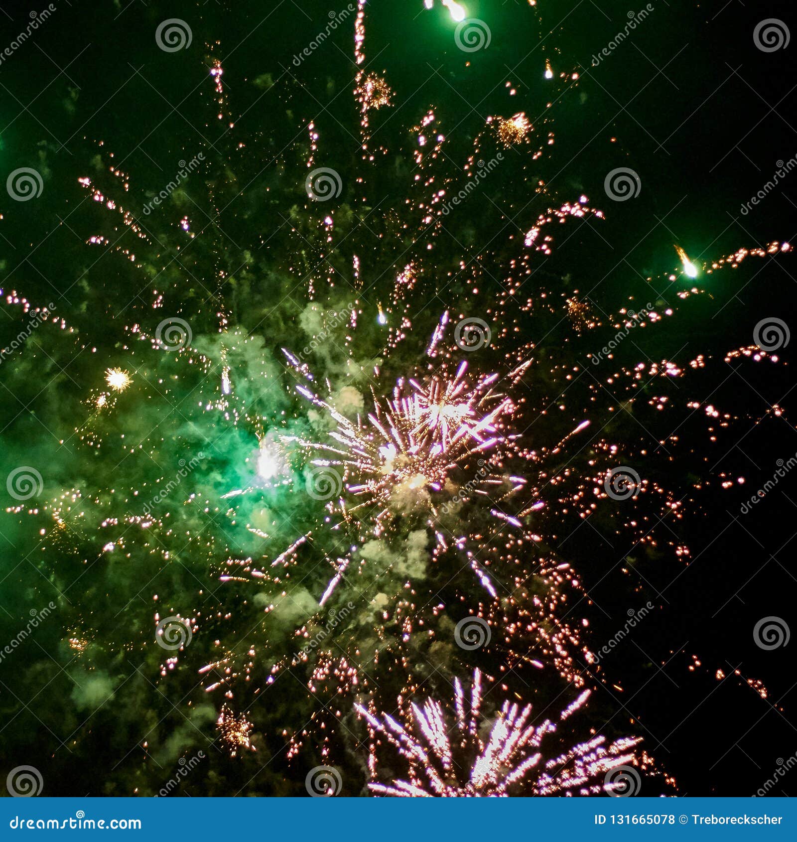 Fireworks Rockets Explode in Night Sky with Lots of Smoke and Sparks ...