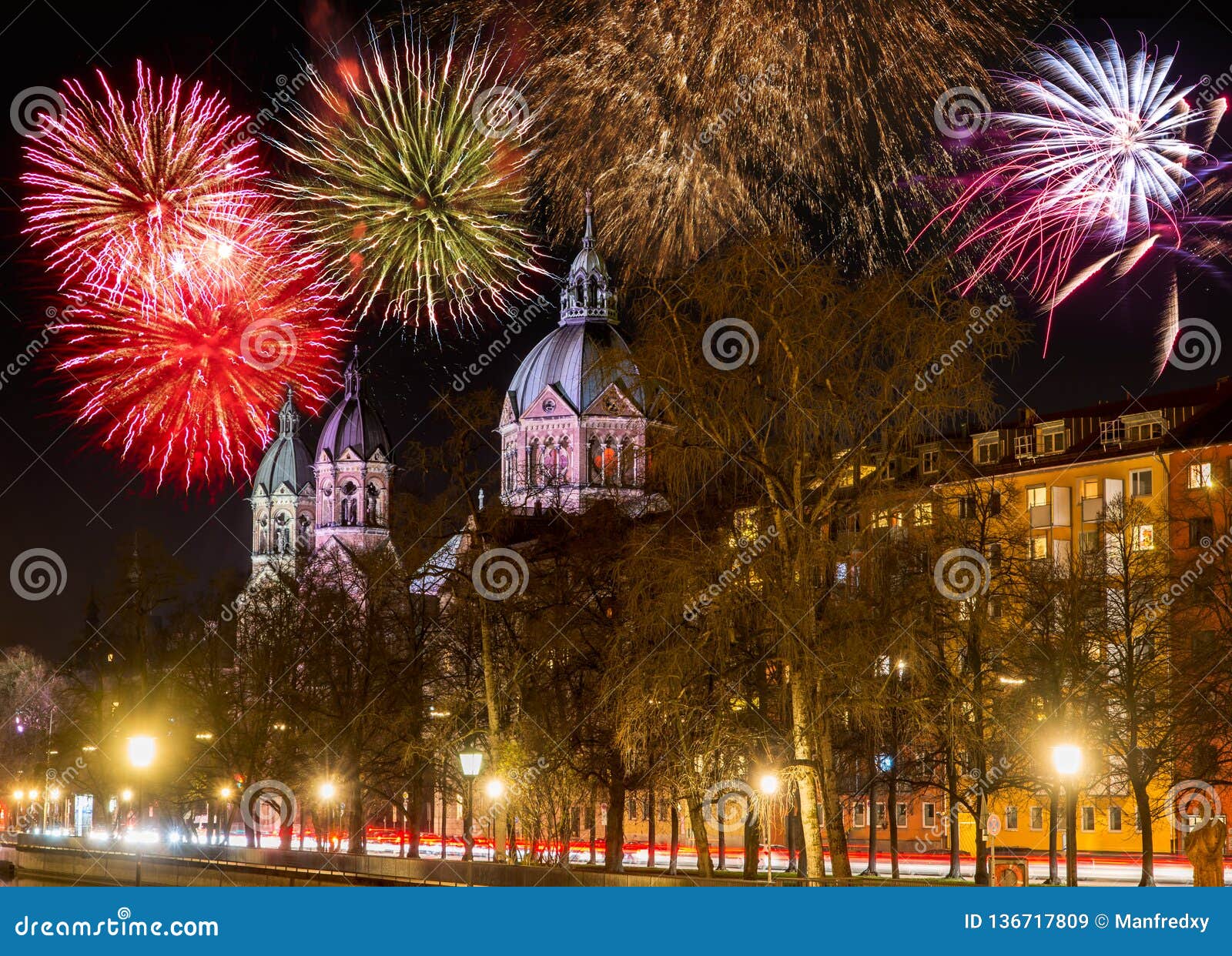 Fireworks at the Sankt Lukas Church in Munich at Night Stock Image ...