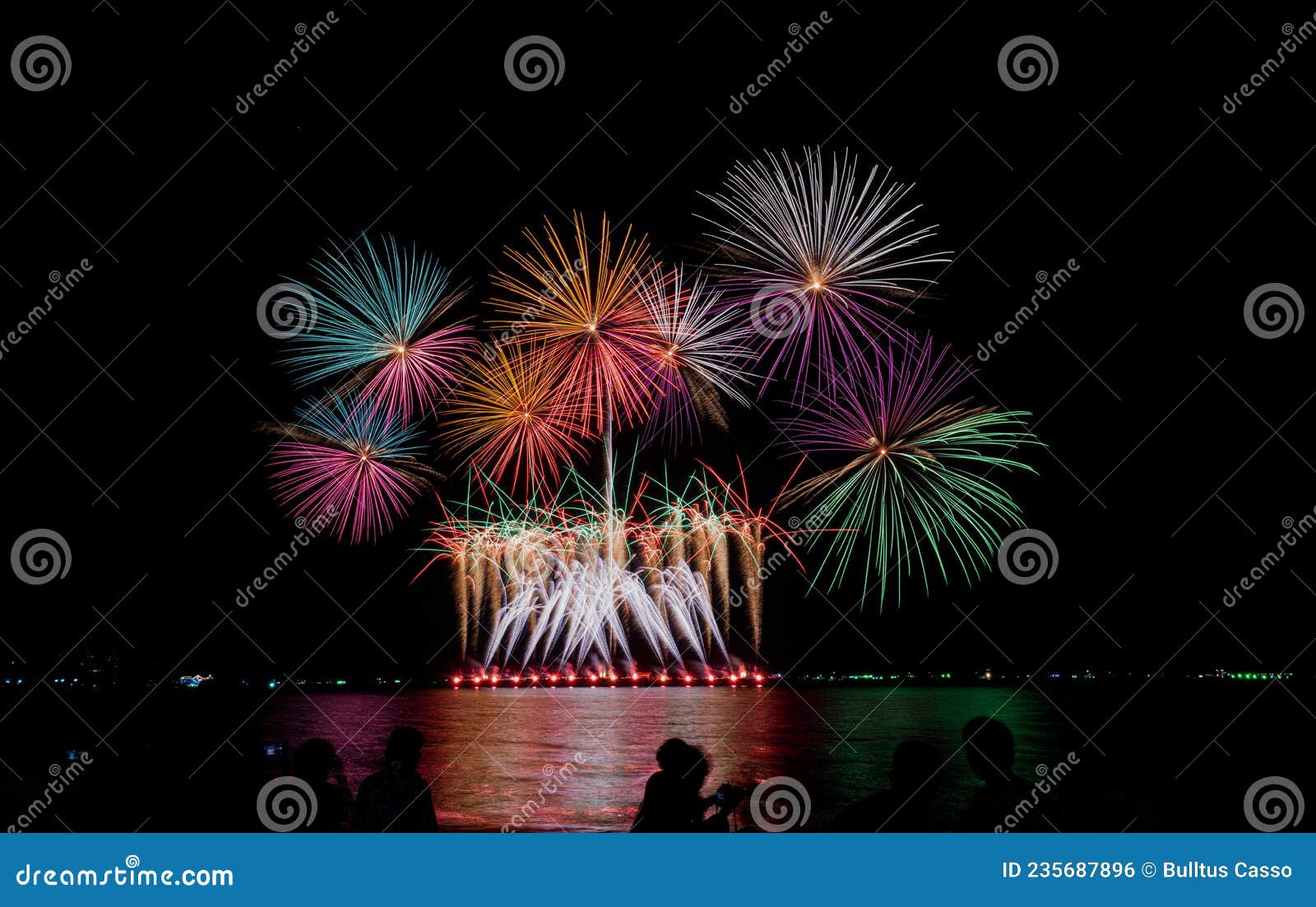 Fireworks at the Sea in Night Time for Celebration of New Years Stock ...