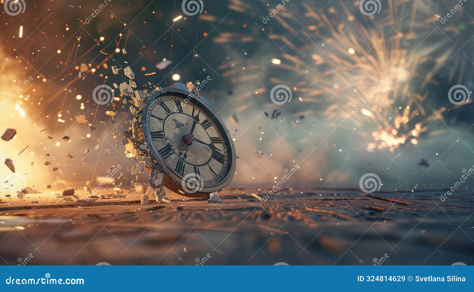 Fireworks and Shattered Clock Face Pieces Floating, Representing the ...