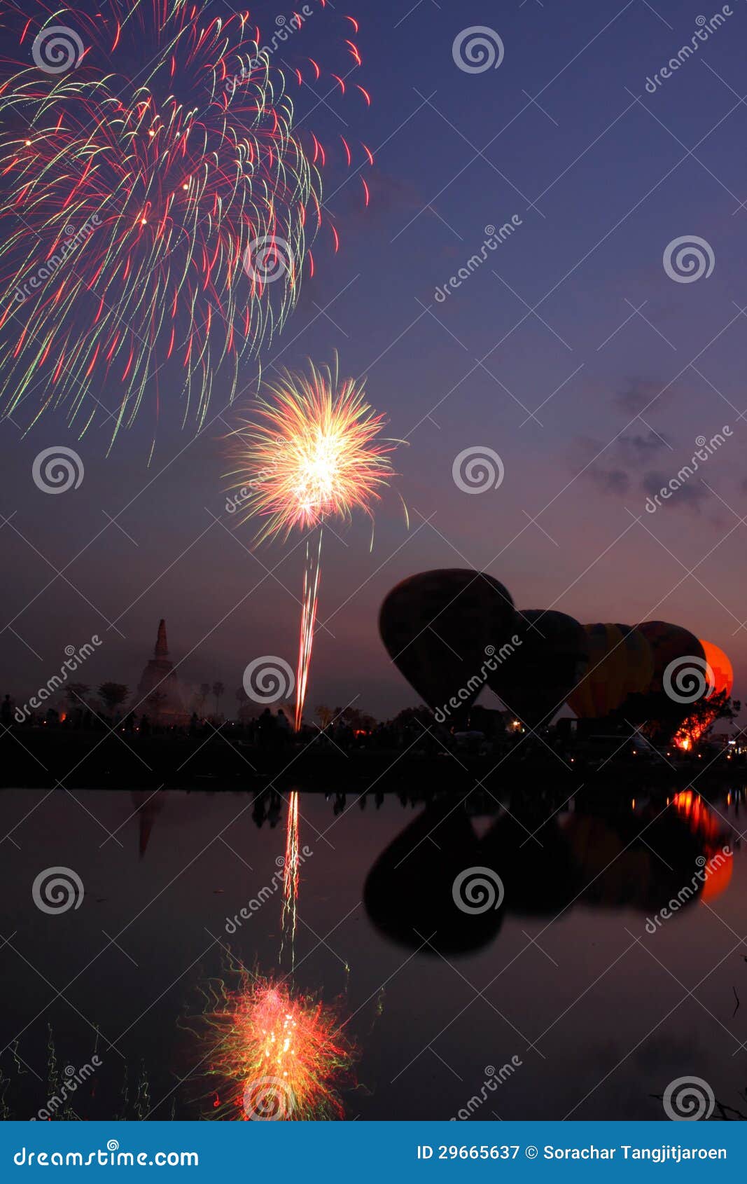 Fireworks Show and Balloons in the Night at Thailand. Stock Image ...