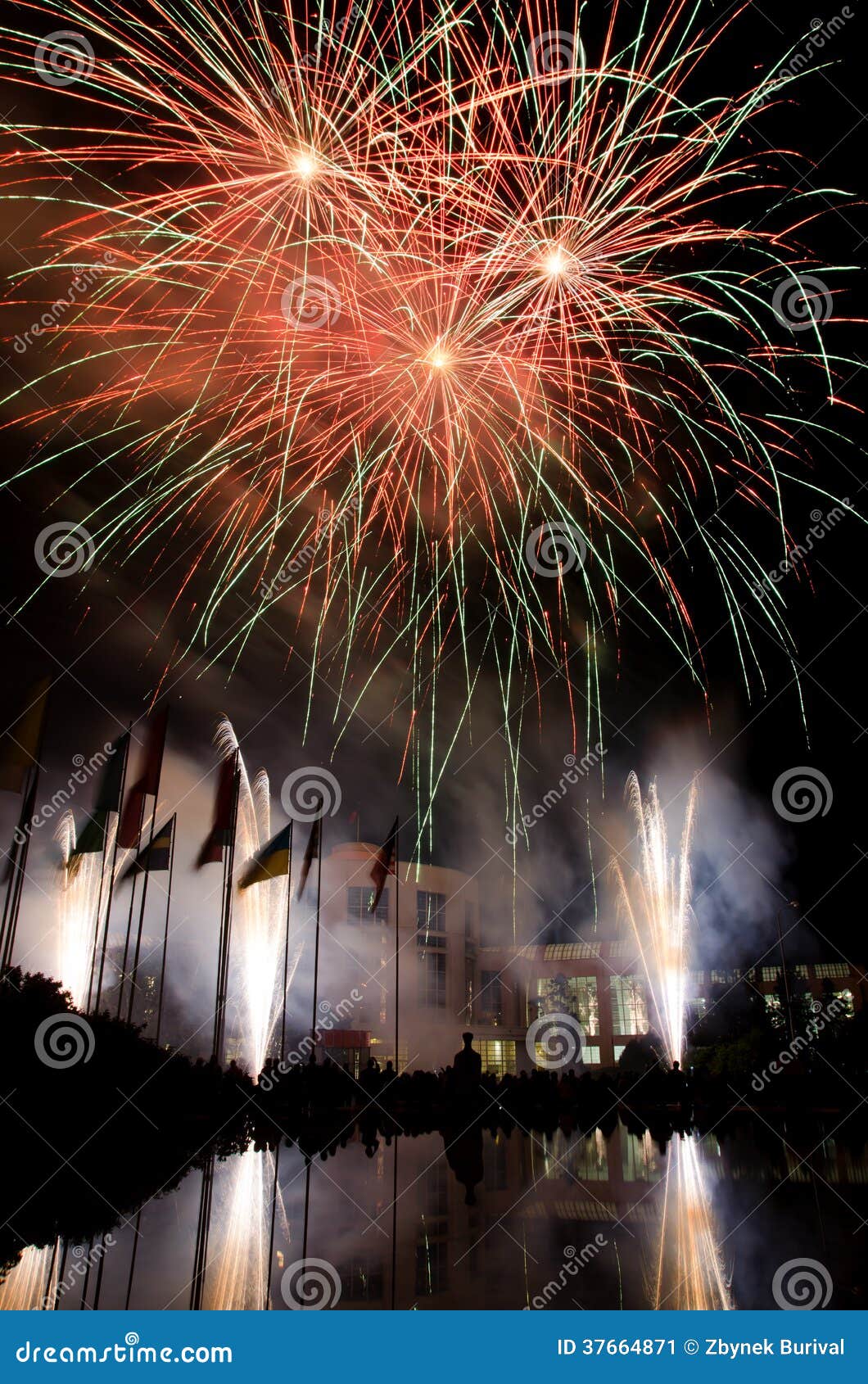 Fireworks Show with Water Reflection Stock Image - Image of evening ...