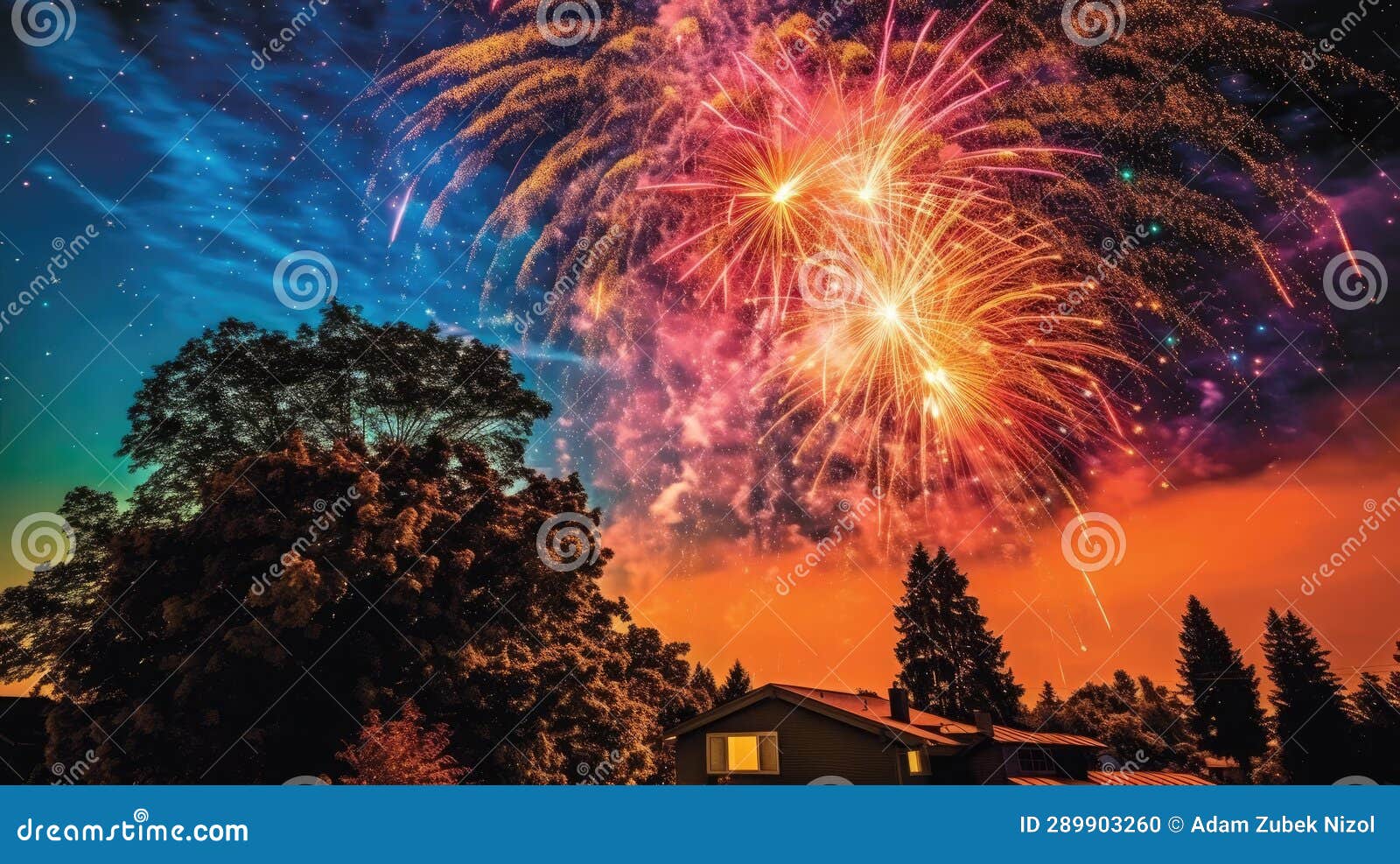 Fireworks in the Sky Over a House Stock Illustration - Illustration of ...