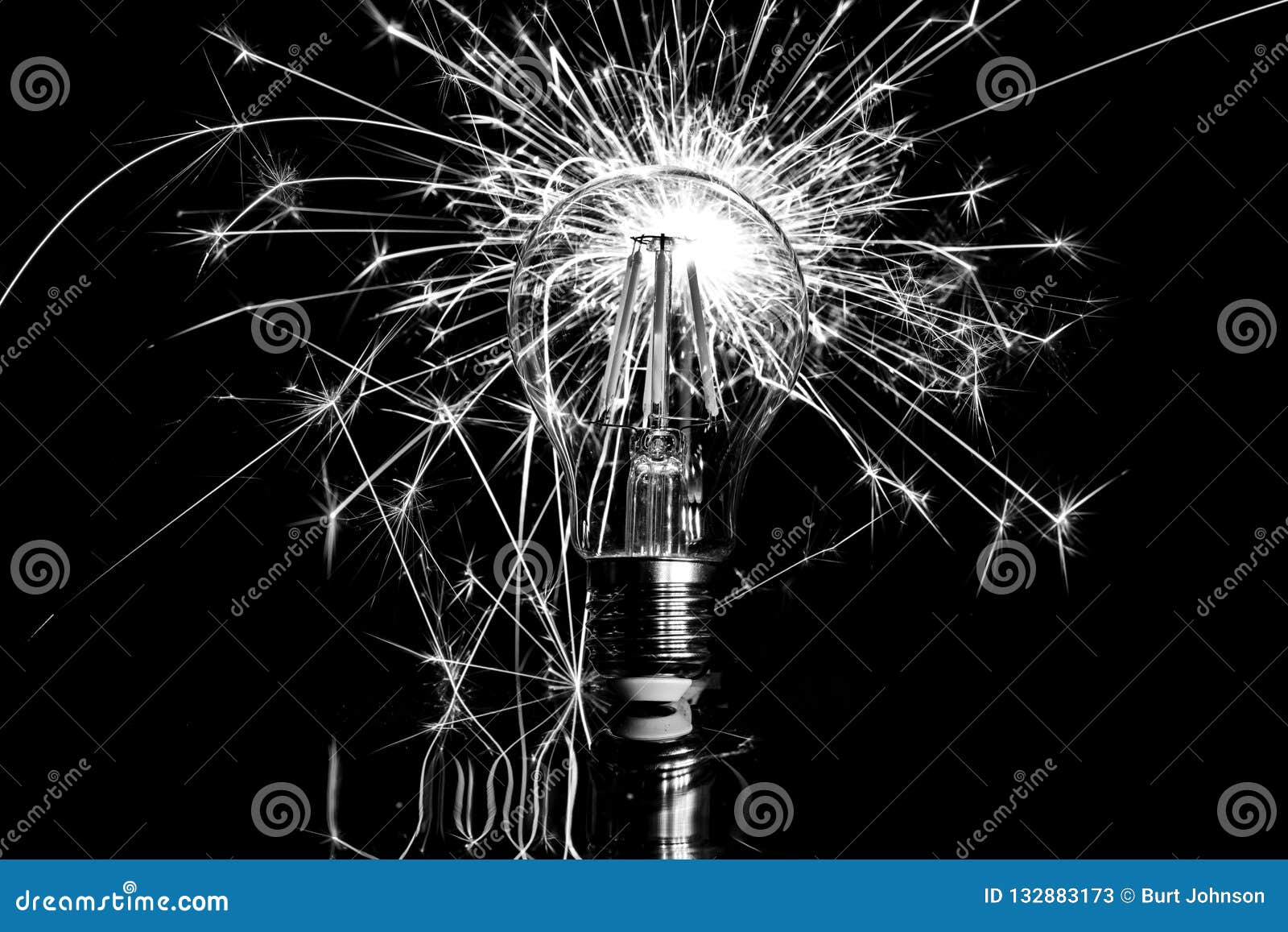 Fireworks Sparkler Showing through LED Light Bulb - Black & Whit Stock ...