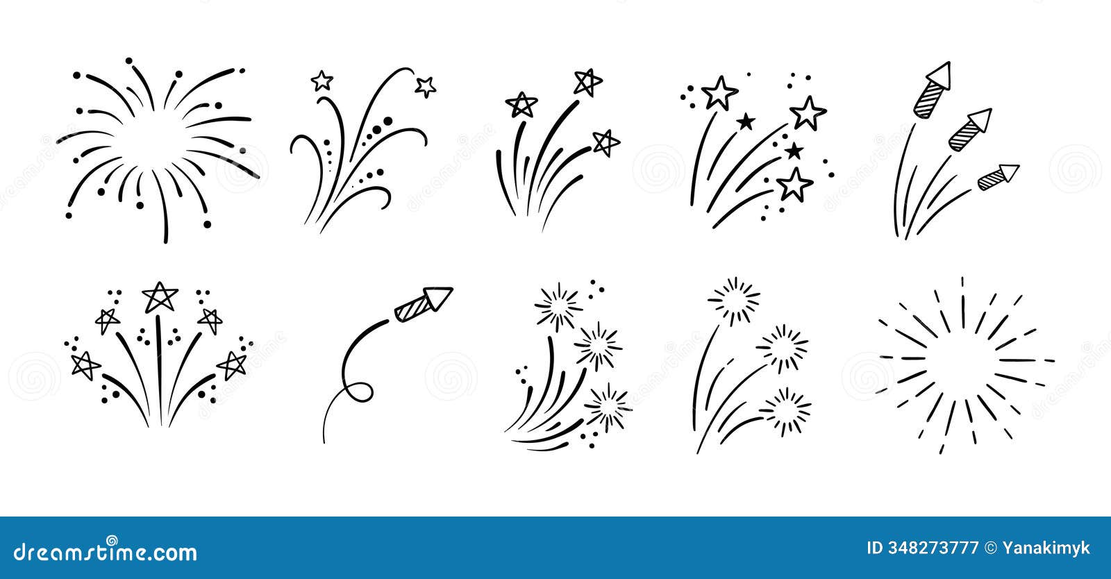 Fireworks and Stars Doodle Hand Drawn Set. Doodle Firework Sketch Stock ...