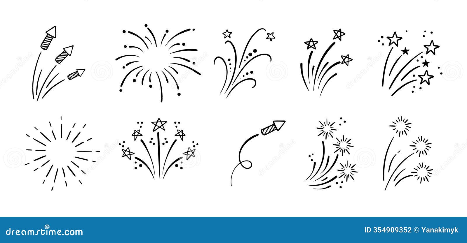 Fireworks and Stars Doodle Hand Drawn Set. Doodle Firework Sketch Stock ...