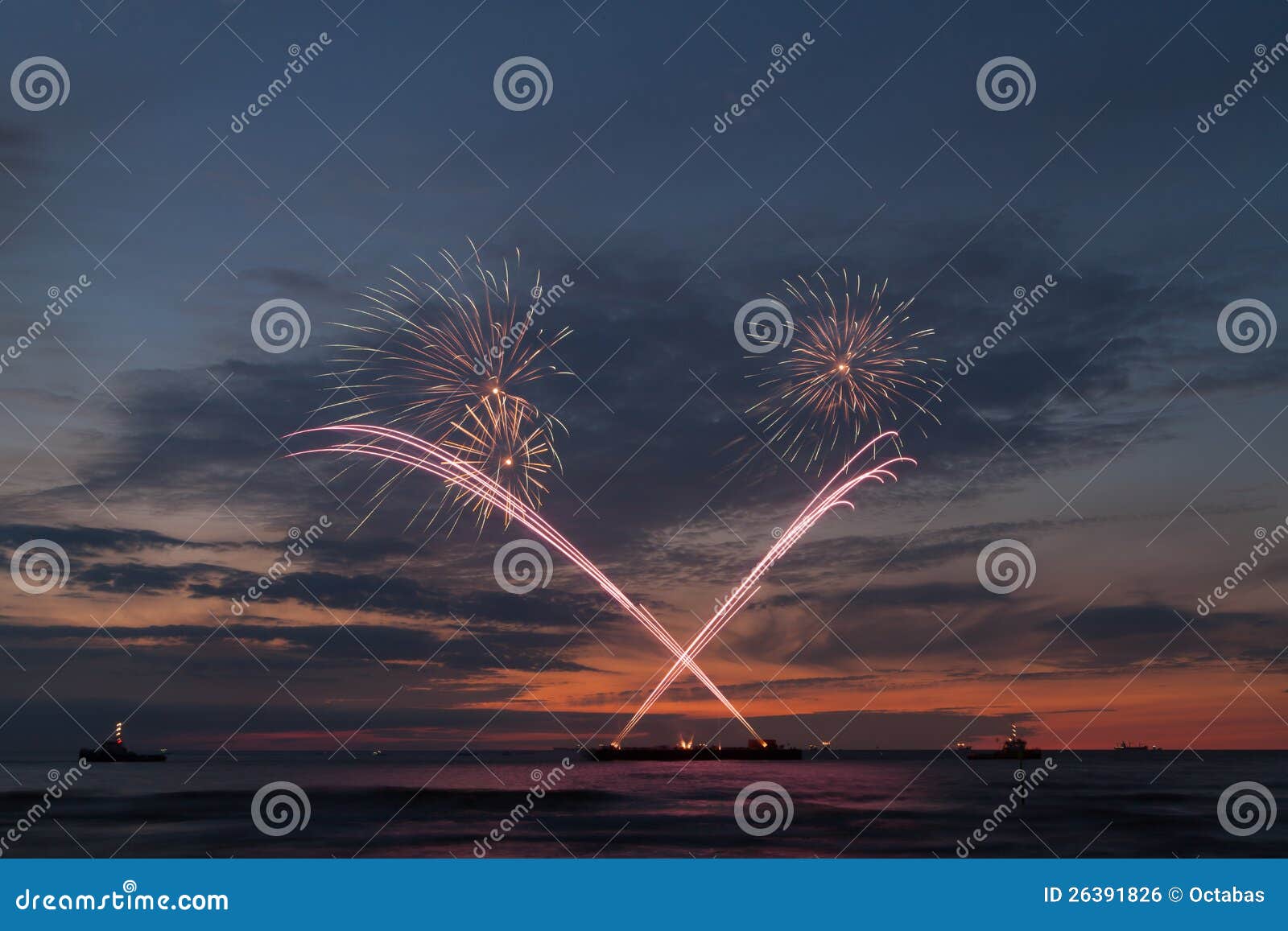 Fireworks at sunset stock photo. Image of pyrotechnic - 26391826