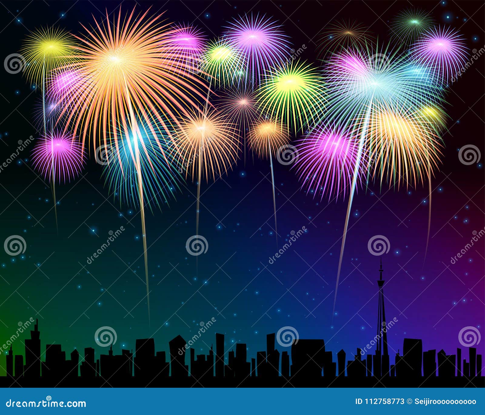Fireworks Townscape Back Image Illustration Stock Vector - Illustration ...