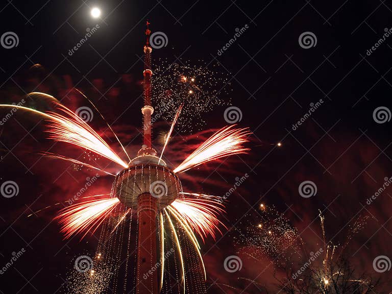 Fireworks on TV tower stock image. Image of fire, dark - 12349209