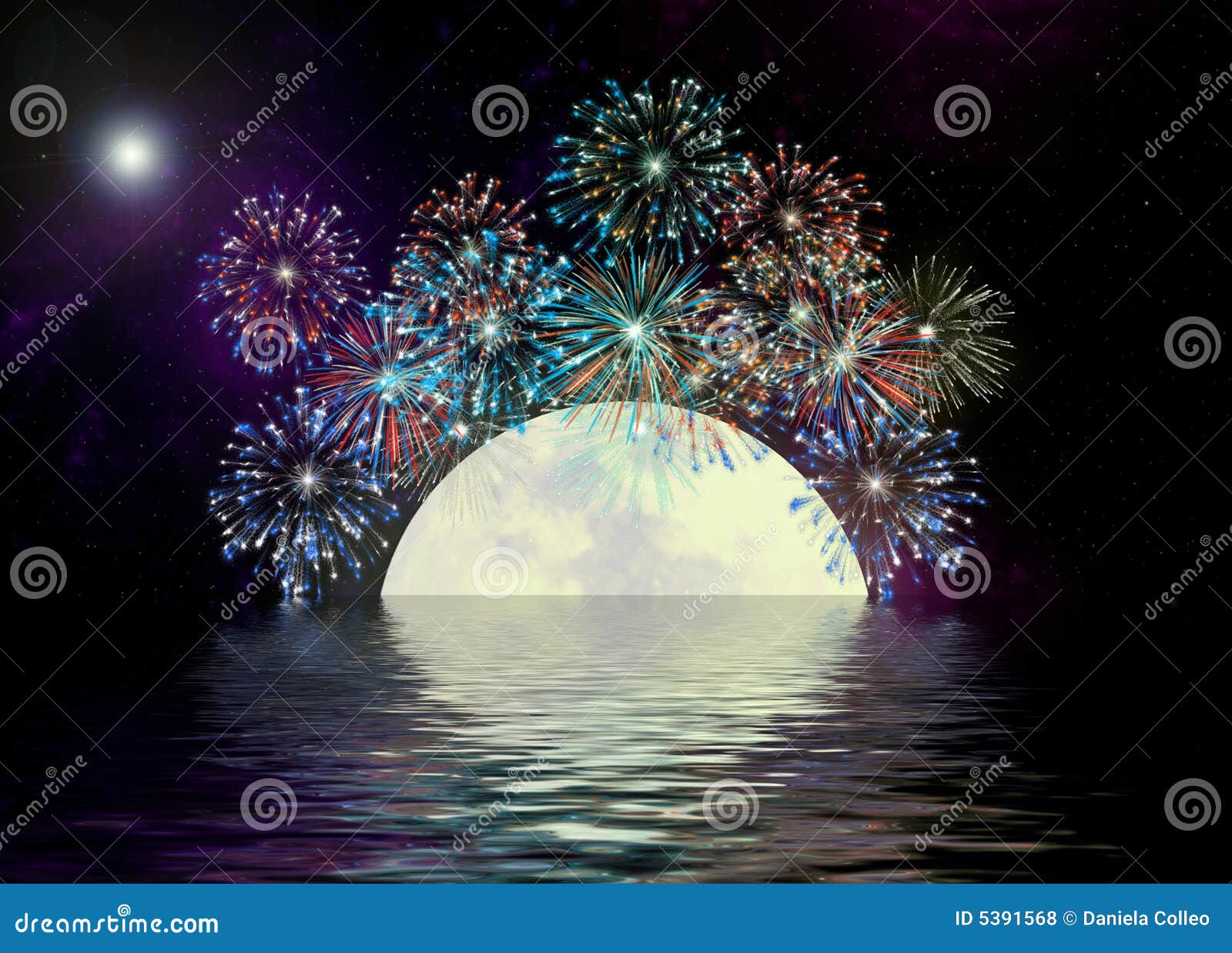 Fireworks & Water Reflections Stock Photo - Image of colour, green: 5391568