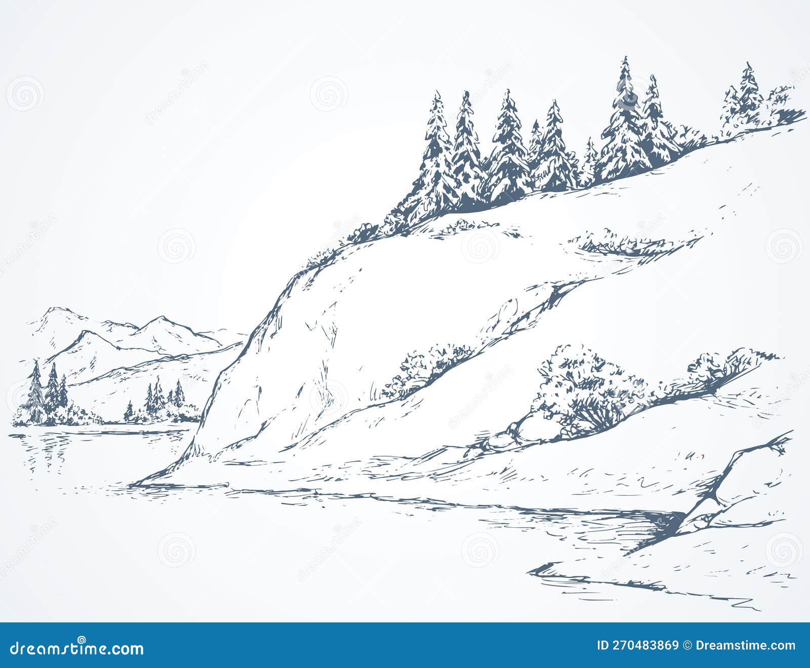 Firs on Hill Above River. Vector Drawing Stock Vector - Illustration of ...