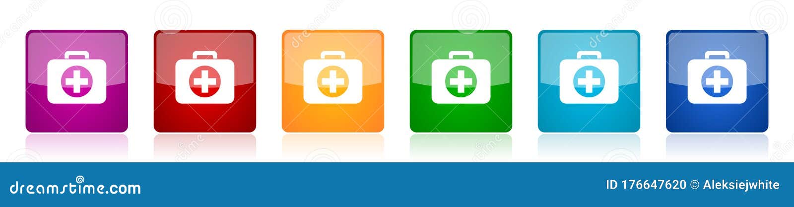 First Aid Icon Set, Colorful Square Glossy Vector Illustrations in 6 ...