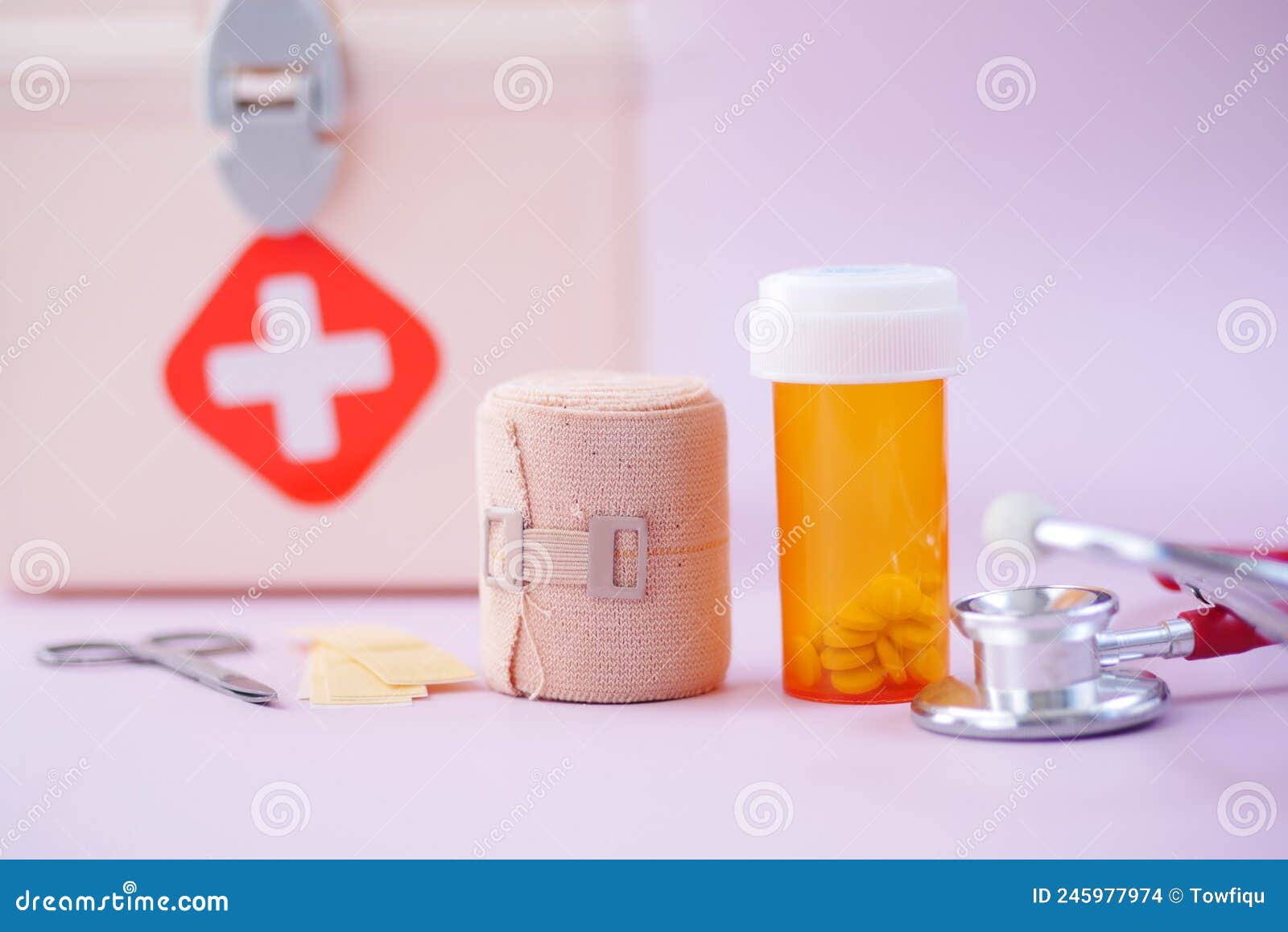 First Aid Kit Box and Medical Pill on Table Stock Photo - Image of ...
