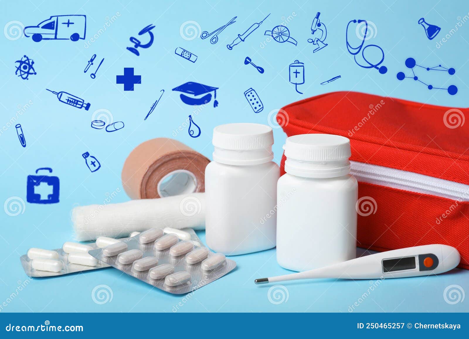 First Aid Kit and Different Images on Light Blue Background Stock ...