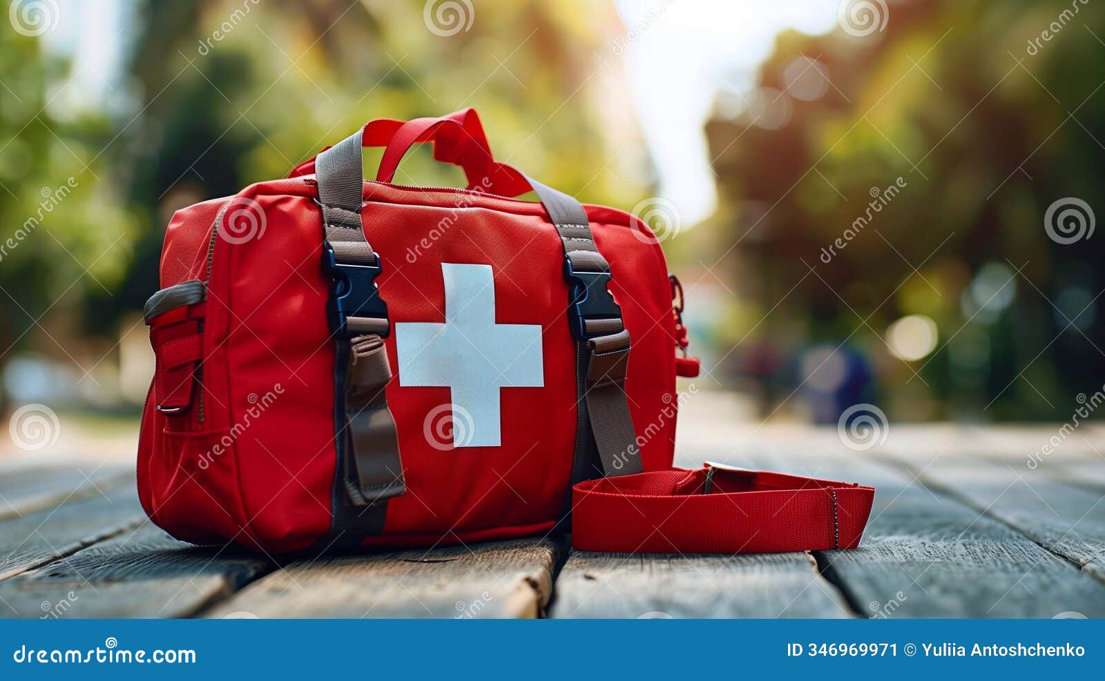 First Aid Kit is Displayed on a Wooden Table in a Park, Showcasing ...