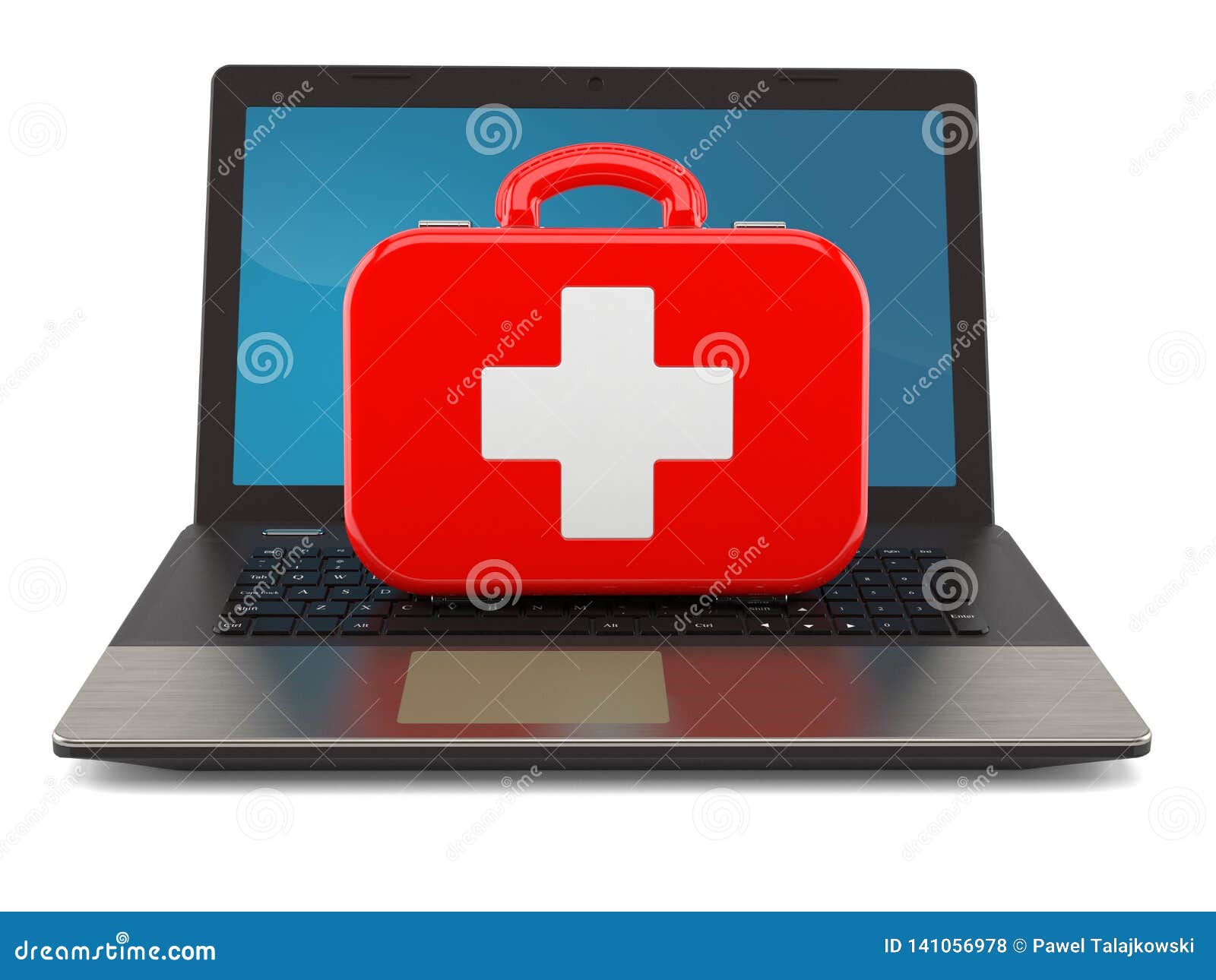 First aid kit with laptop stock illustration. Illustration of care ...
